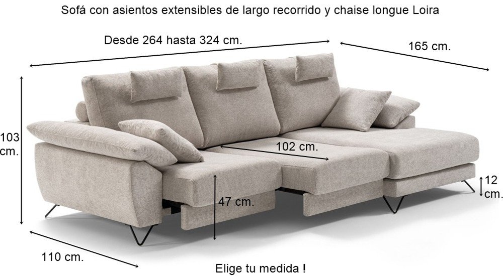 Sofá chaise longue asientos extraibles largo recorrido pata alta